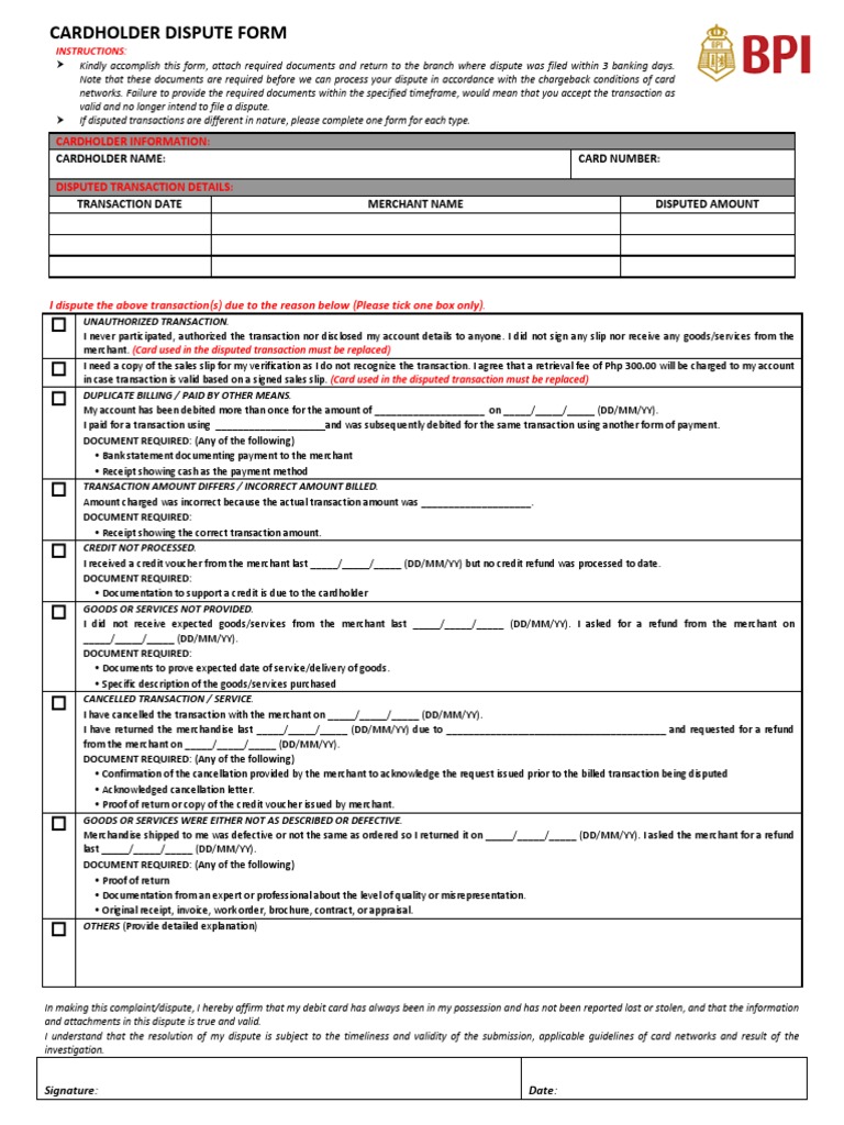 Pre Formatted Cardholder Dispute Form | PDF | Credit Card | Service ...