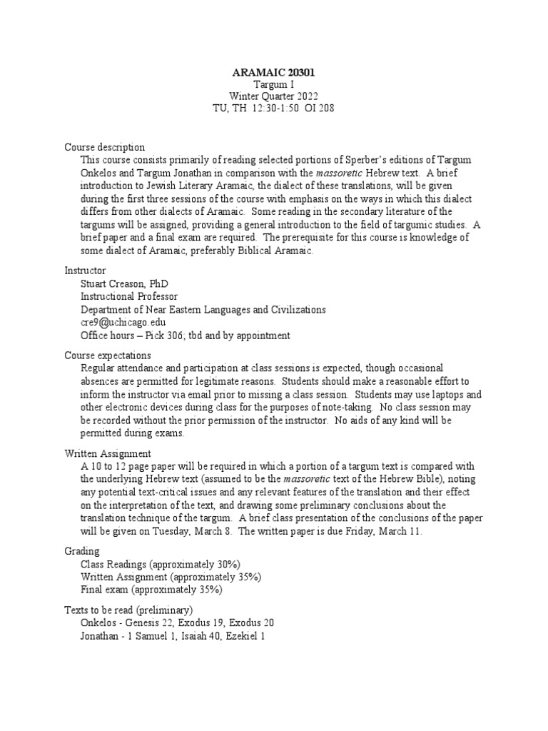 Targum Winter 2022 Syllabus | PDF | Hebrew Bible | Bible