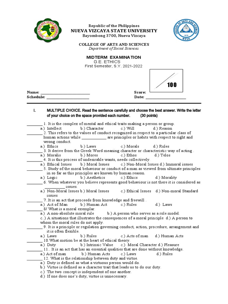 Midterm Exam in Ge Ethics | PDF | Morality | Virtue Midterm Exam in Ge Ethics | PDF | Morality | Virtue