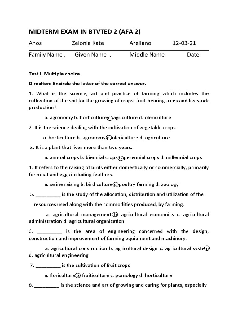 Midterm Exam | PDF | Agriculture | Plants