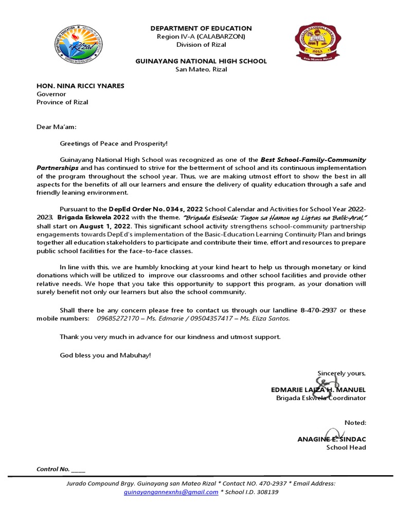 Brigada Eskwela 2022 Request Letter | PDF