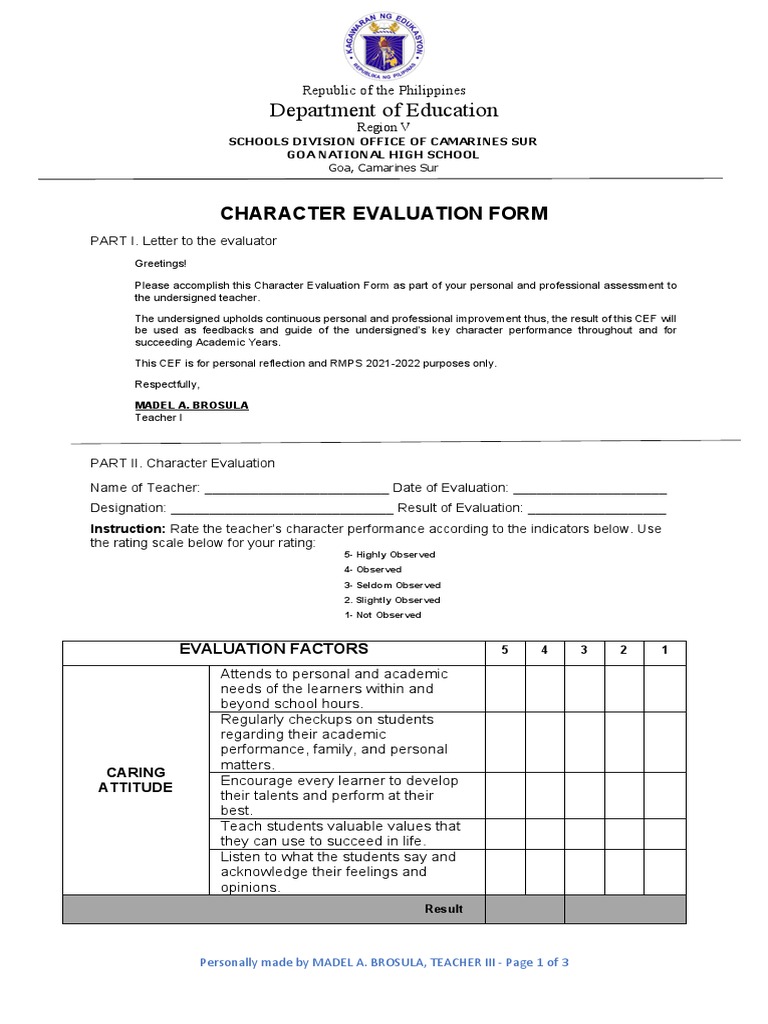 Character Evaluation Form | PDF | Teachers | Human Communication