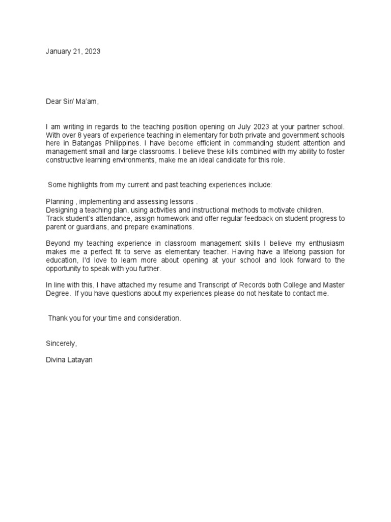 Elementary Teaching Position Application | PDF