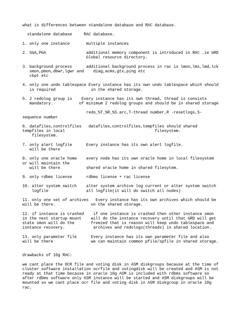Standalone And Rac Database Differences Classnotes Pdf File System Utility Software