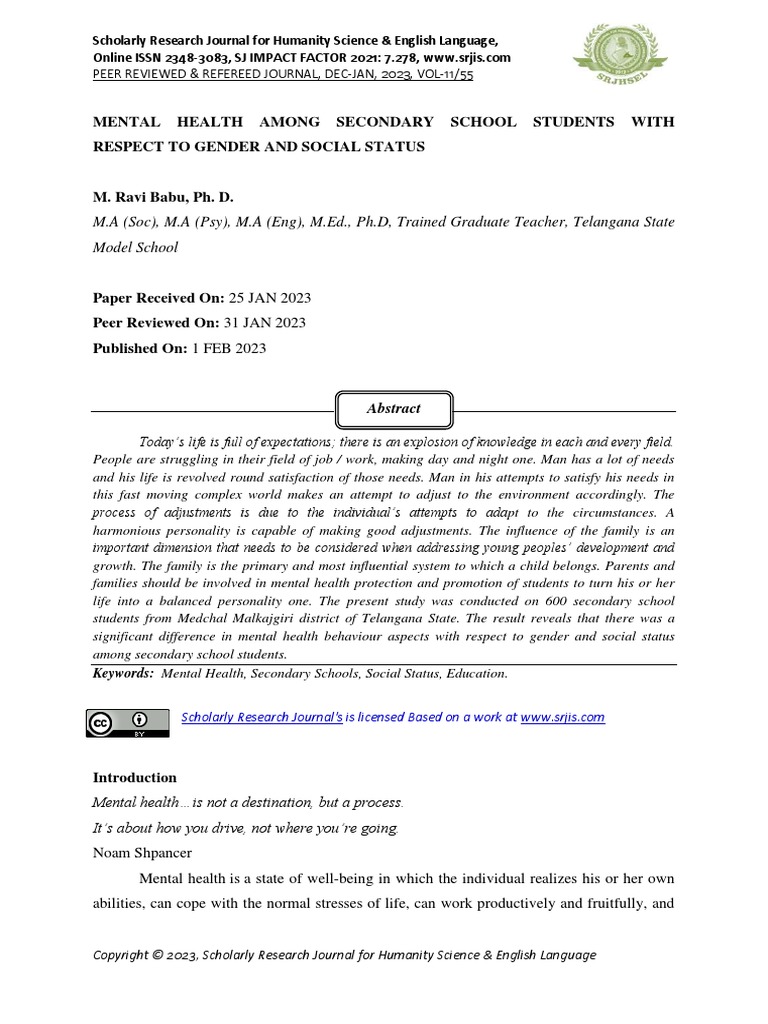 Mental Health Among Secondary School Students With Respect To Gender and Social Status ...