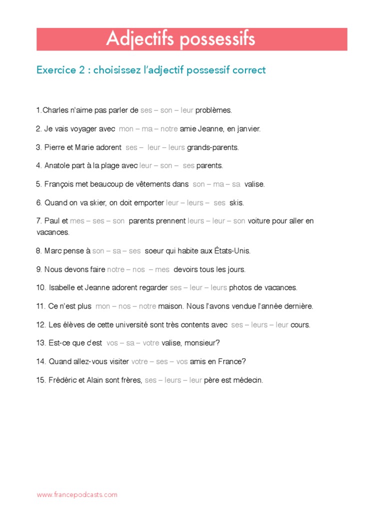 Adjectifs Possessifs Exercice 2 Et Corrigé | PDF | Art