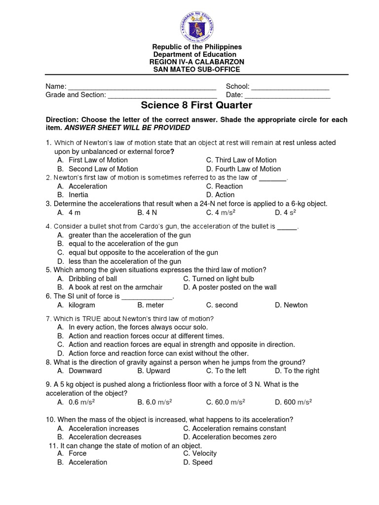 g8 Summative Test Science 1st QTR | PDF | Force | Electrical Resistance ...