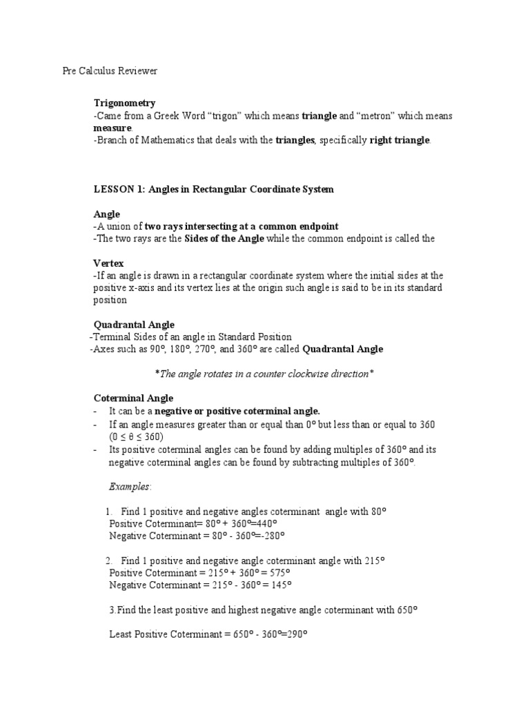 Pre Calculus Reviewer | PDF | Angle | Circle
