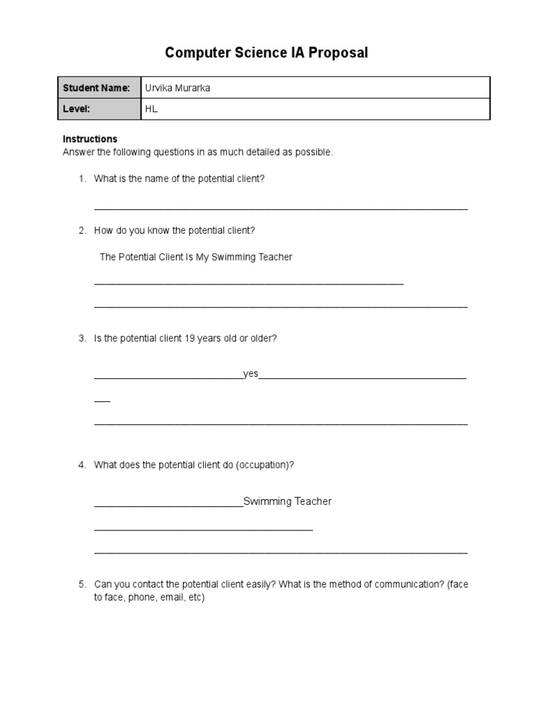 Computer Science IA Proposal for Swimming Teacher | PDF | Data | Client ...