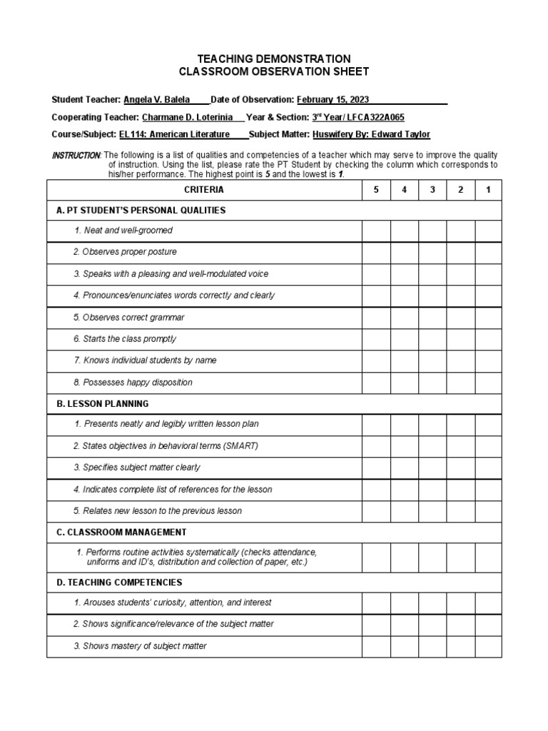 Teaching Demonstation Classroom Observation Sheet | PDF | Teachers ...
