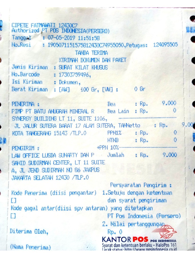 0 - Tanda Terima Kiriman Dokumen Ke Pos | PDF