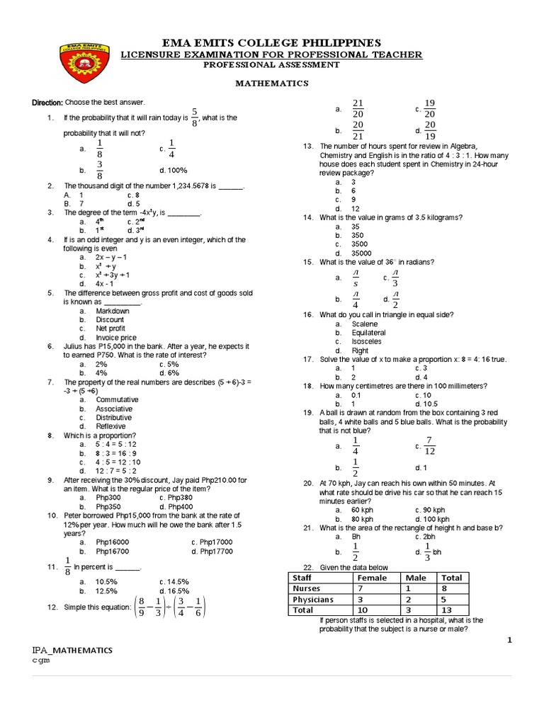 Mathematics Licensure Exam Questions | PDF | Area | Elementary Mathematics