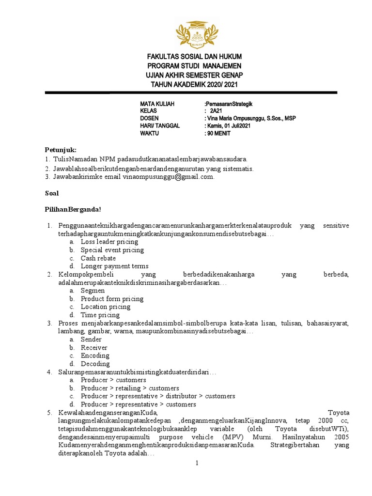 Jawaban Uas Pemasaran Strategik | PDF