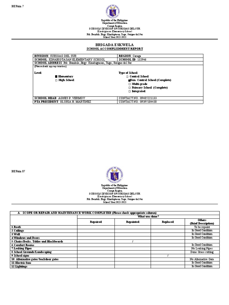Be Form 7 School Accomplishment Report | PDF | Schools | Volunteering
