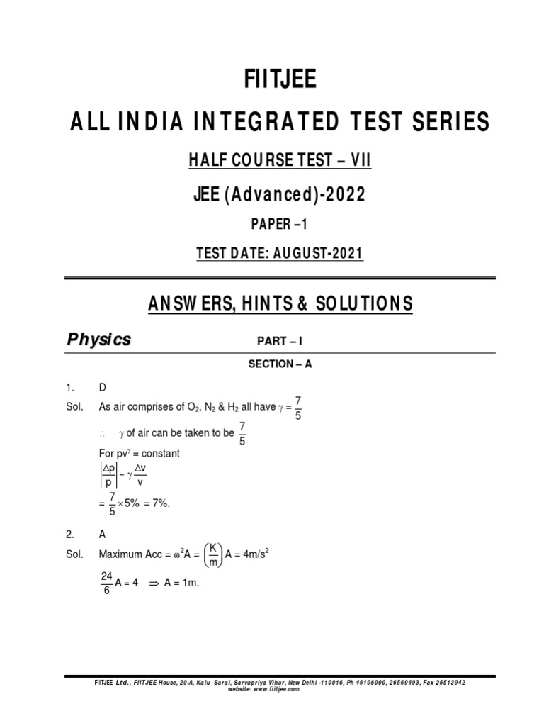 Aiits HCT-7 Jee Adv Paper 1 Solution | PDF | Chemistry | Physical Sciences