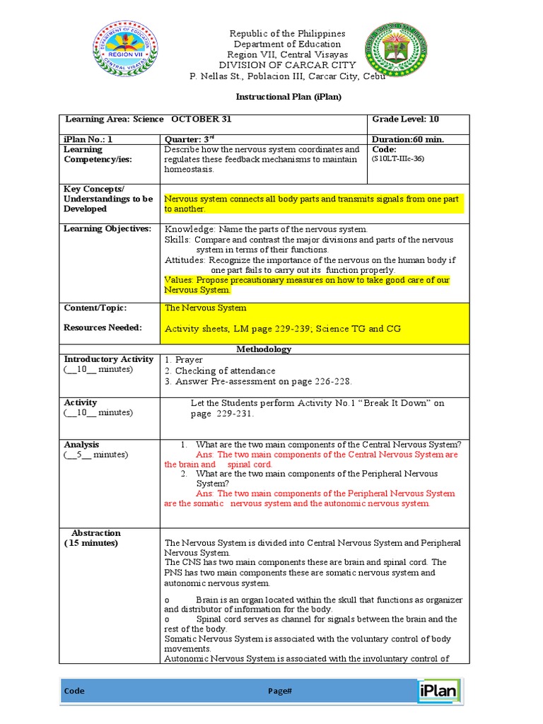 Lesson Plan Nervous System | PDF | Nervous System | Central Nervous System