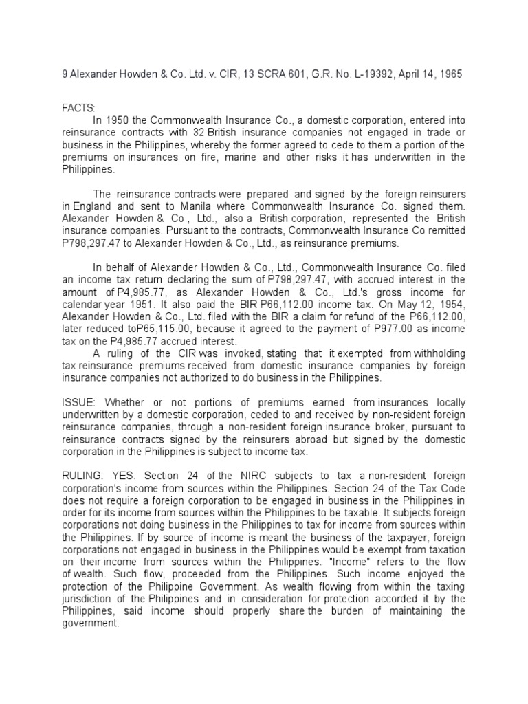 Alexander-Howden Co LTD V CIR | PDF | Insurance | Taxes