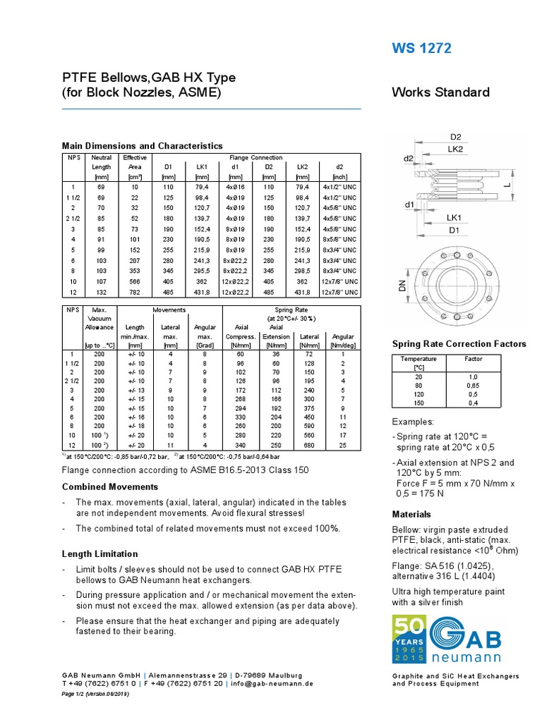 WS1272-EN PTFE Bellows, GAB HX Type - For Block Nozzles, ASME | Download Free PDF | Physical ...
