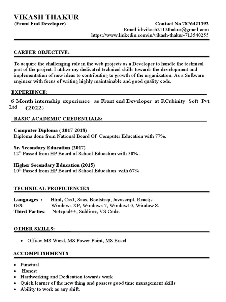 Front End Developer Resume of Vikash Thakur | PDF | Computing | Software Development