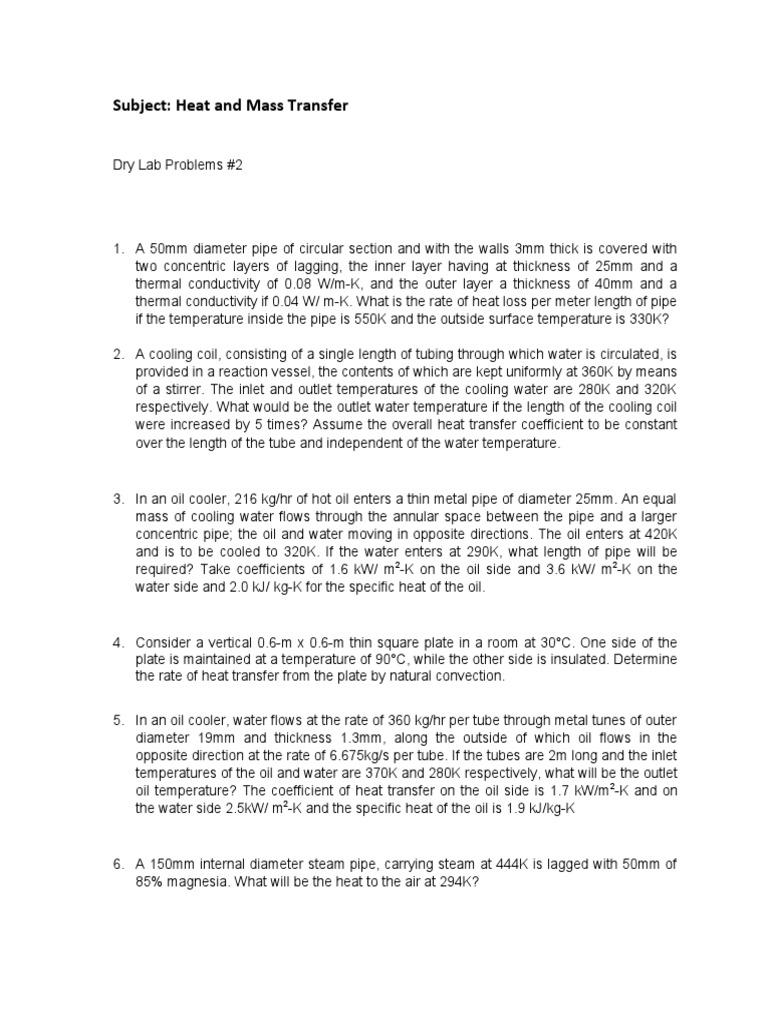 Analysis of Heat and Mass Transfer Problems Involving Pipes, Tubes, and Heat Exchangers | PDF ...