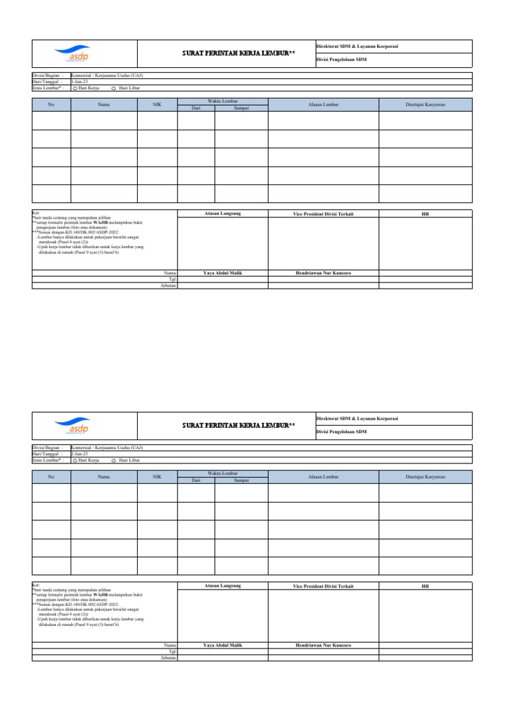 Form Pengajuan Lembur Jan 23 UAJ | PDF