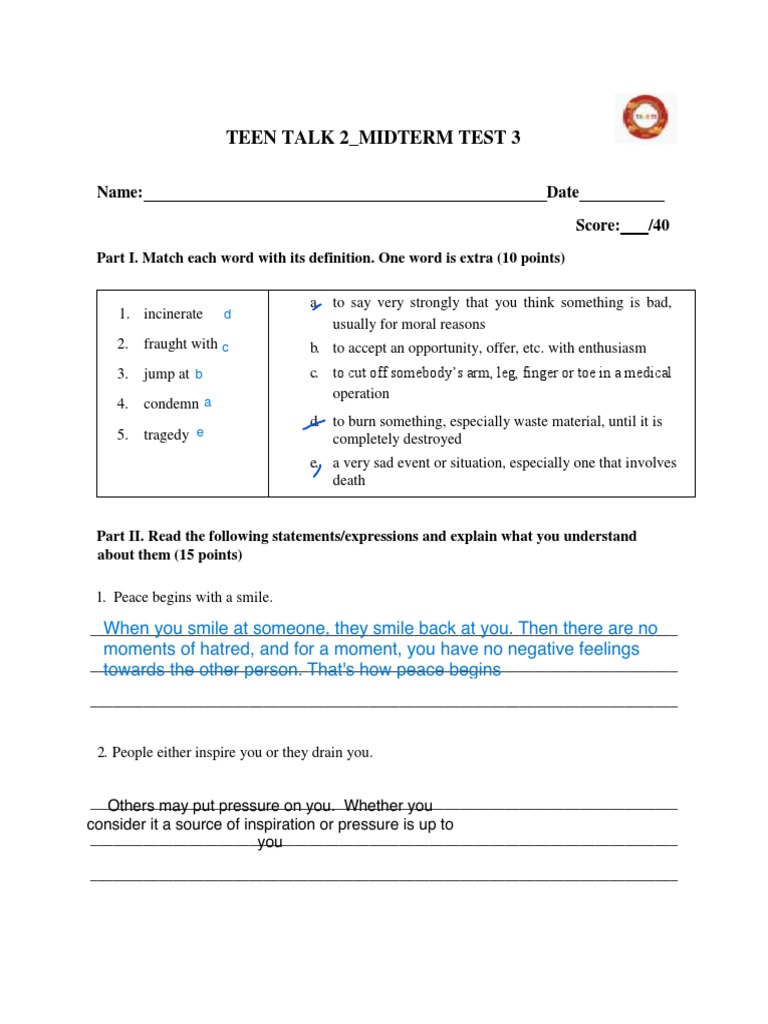 Teen Talk 2 Midterm Test 3 | PDF | Thought | Feeling