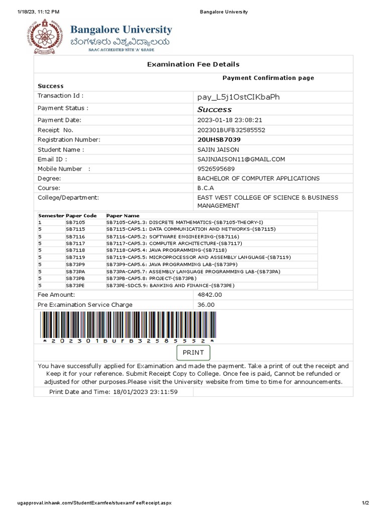Bangalore University | PDF | Fee | Receipt