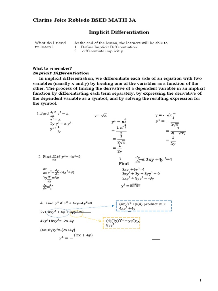 8 LM3 Implicit Differentiation | PDF | Derivative | Mathematical Concepts