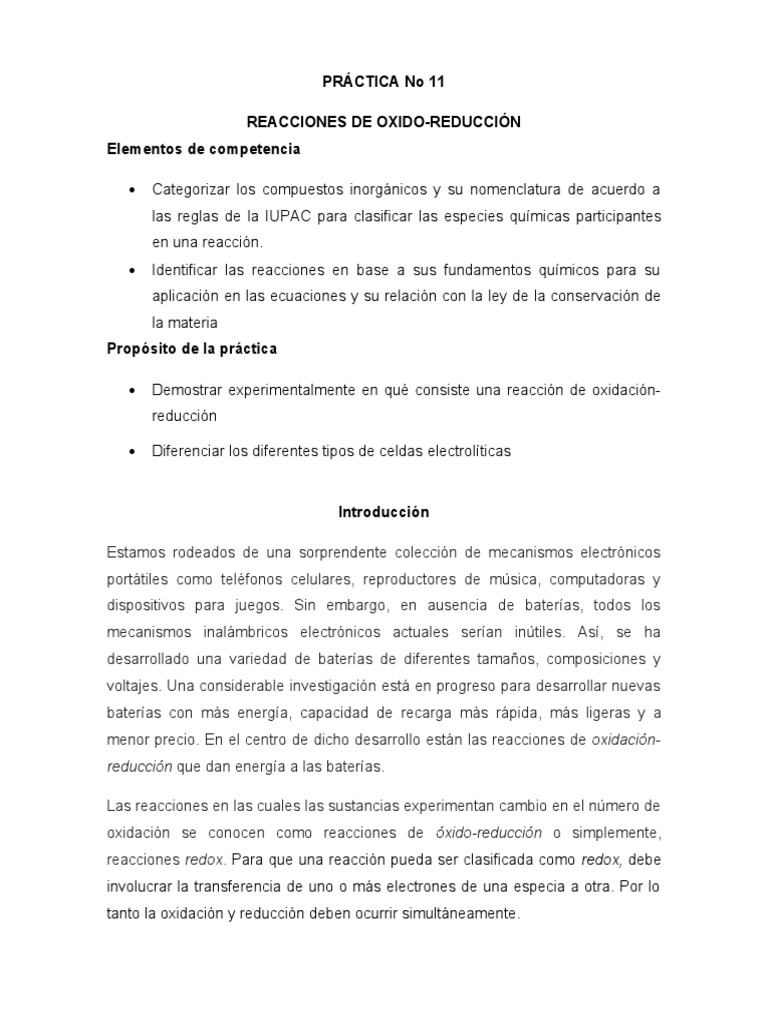 Practica11..Reacciones de Óxido-Reducción | PDF | Redox | Reacciones químicas
