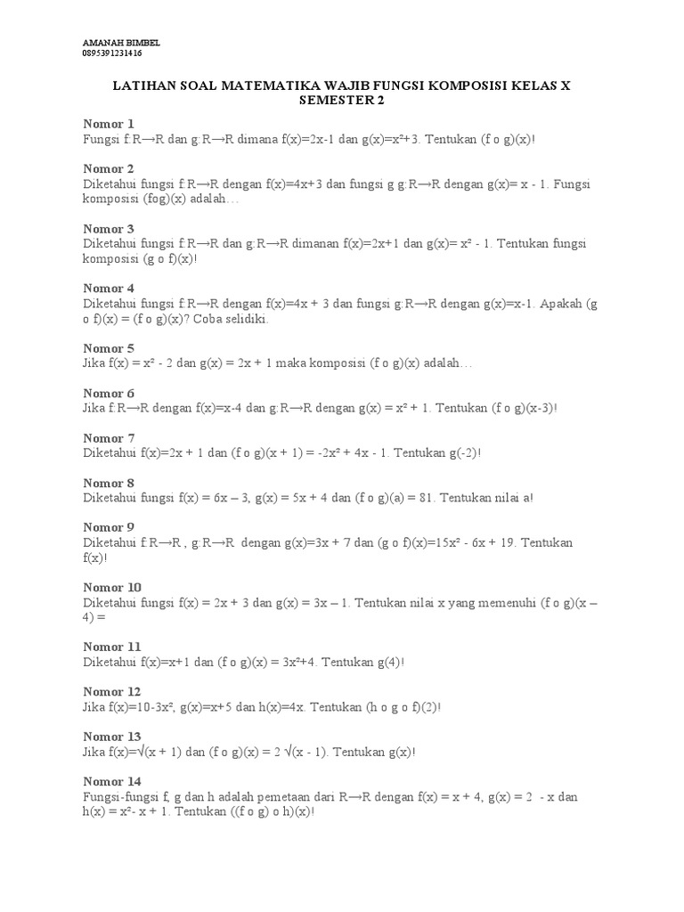 Latihan Soal Matematika Wajib Fungsi Komposisi Kelas X Semester 2 | PDF