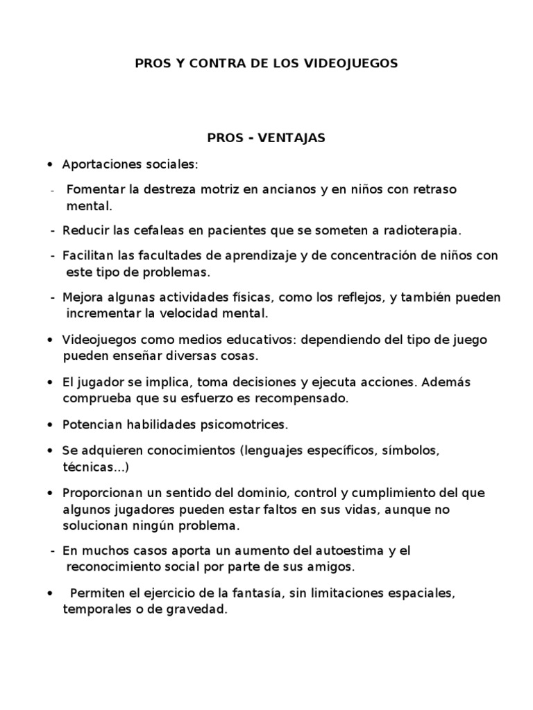 Pros y Contra de Los Videojuegos | PDF | Videojuegos | Aprendizaje