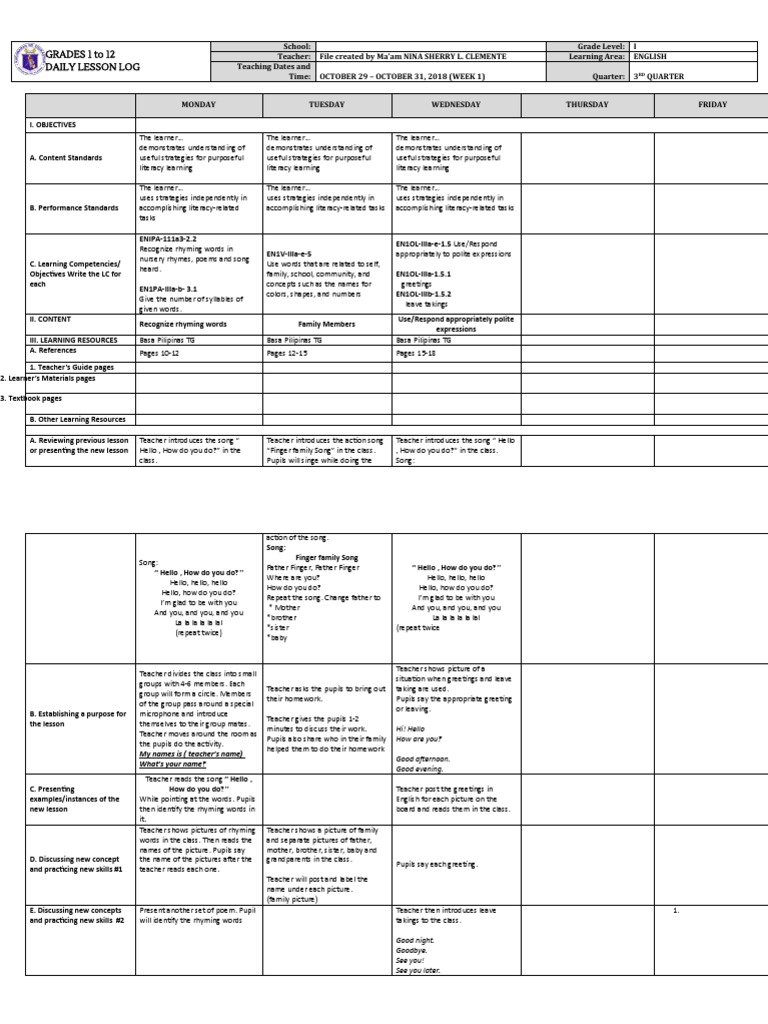 DLL - English 1 - Q3 - W1 | PDF | Learning | Teachers