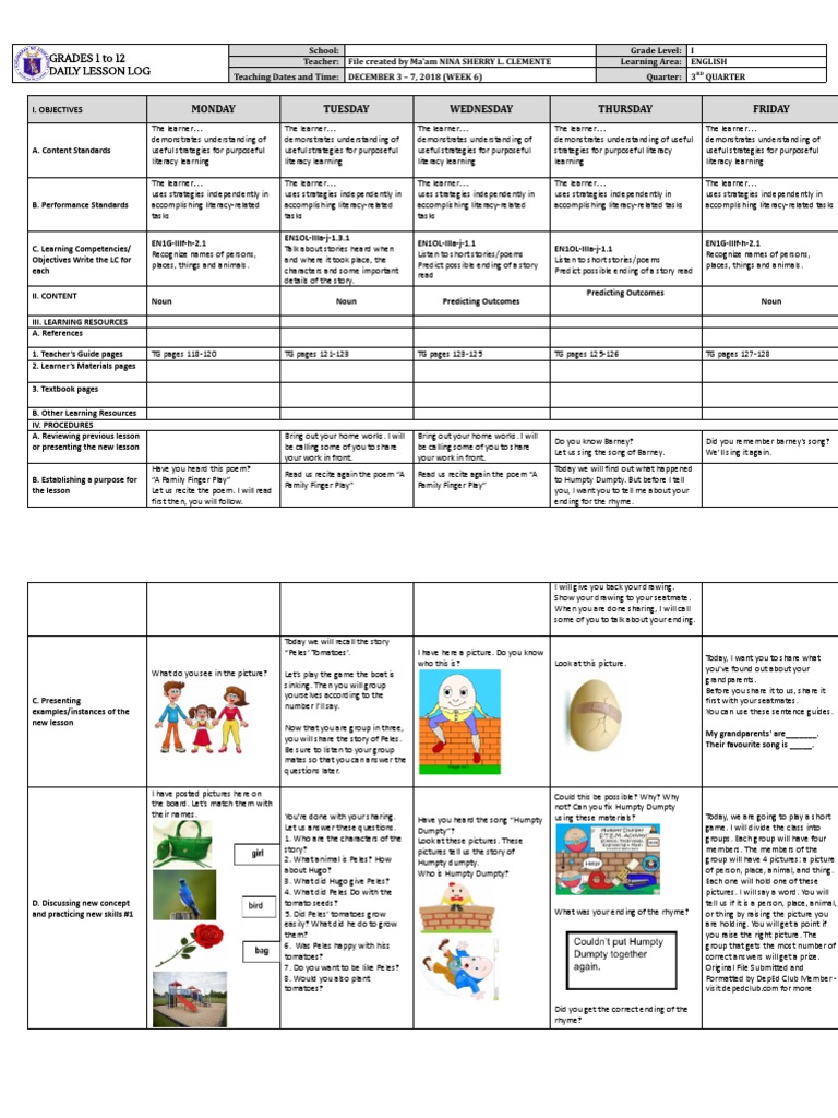Weekly English Lesson Plans Focusing on Developing Literacy Skills ...