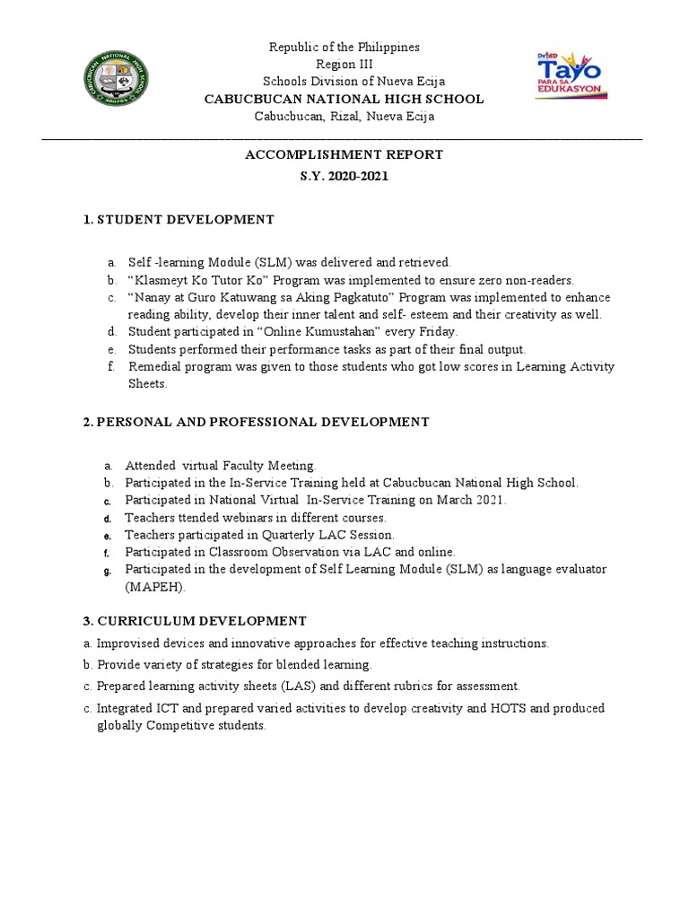 FILIPINO ACCOMPLISHMENT REPORTsy 2020 2021 | PDF | Educational ...