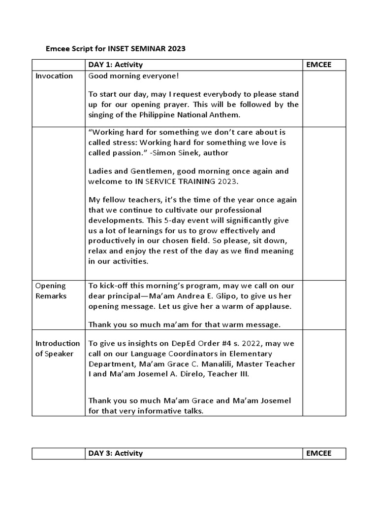 Inset Emcee Script | PDF | Teachers | Literacy