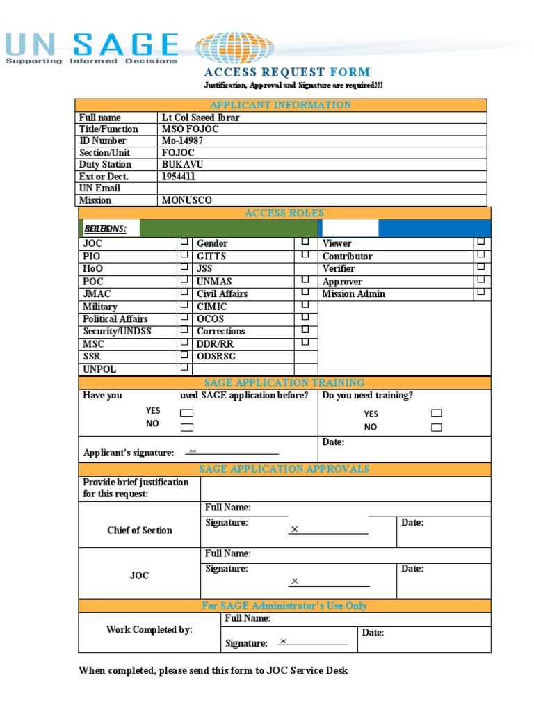 SAGE Application Access Request Form | PDF