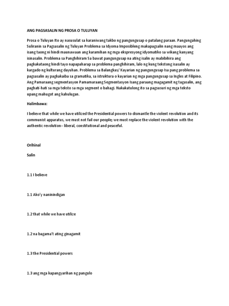 Ang Pagsasalin NG Prosa o Tuluyan | PDF