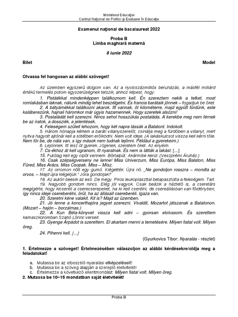 B Limba Maghiara Materna Oral 2022 Bilet Model | PDF