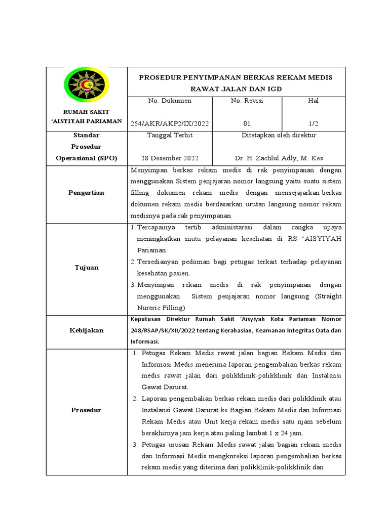 Prosedur Penyimpanan Berkas Rekam Medis Rawat Jalan Igd | PDF