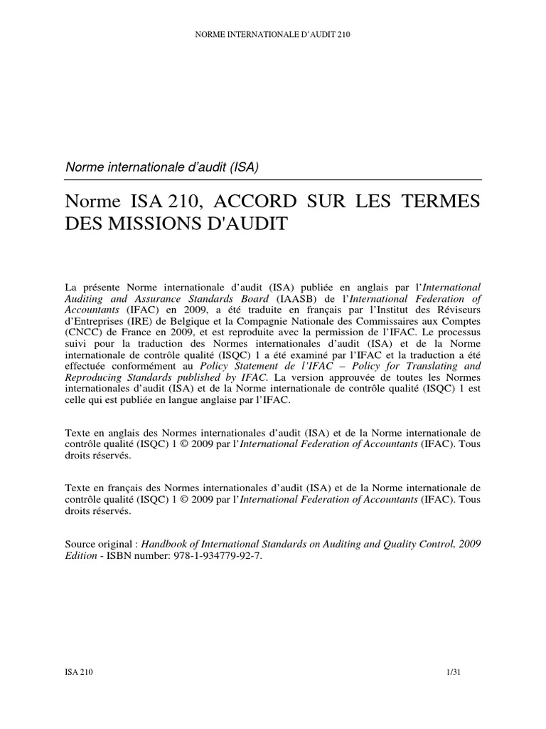 Isa 210 Mars 2012 | PDF | Audit | Contrôle interne