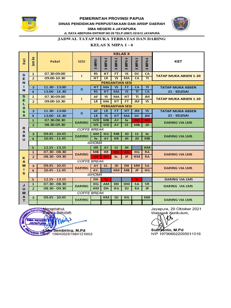 Jadwal KBM Kelas X Mipa 1 - 6 | PDF