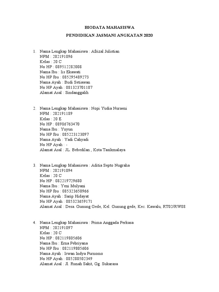 Biodata Mahasiswa Angkatan 2020 | PDF