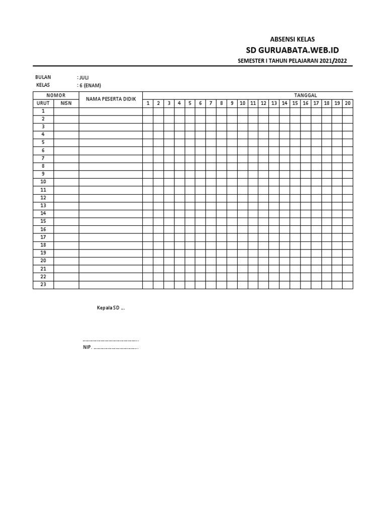 Absensi Kelas SD Mi | PDF