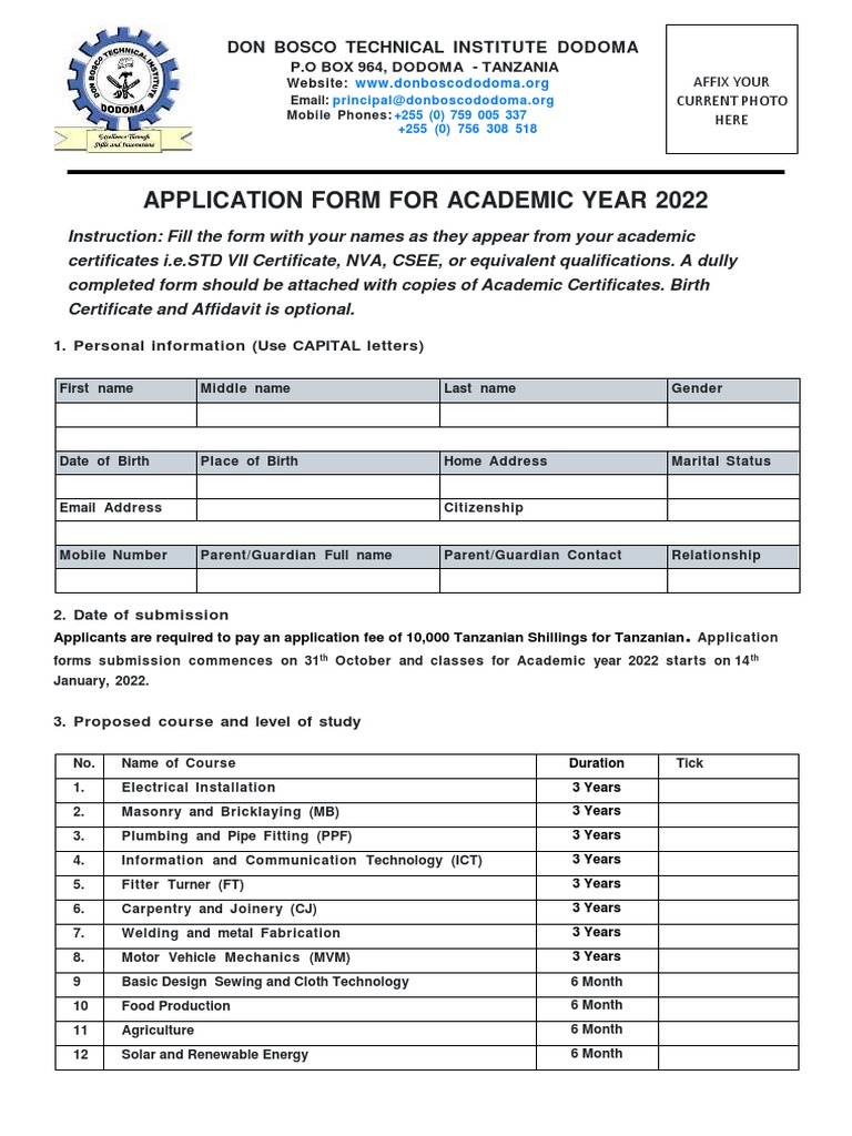 Don Bosco Technical Institute Dodoma Application Form | PDF