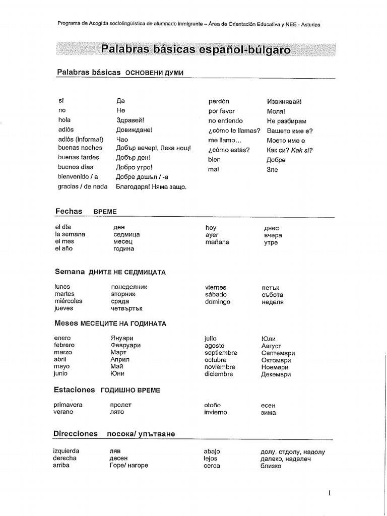 Palabras Básicas Español-Búlgaro | PDF