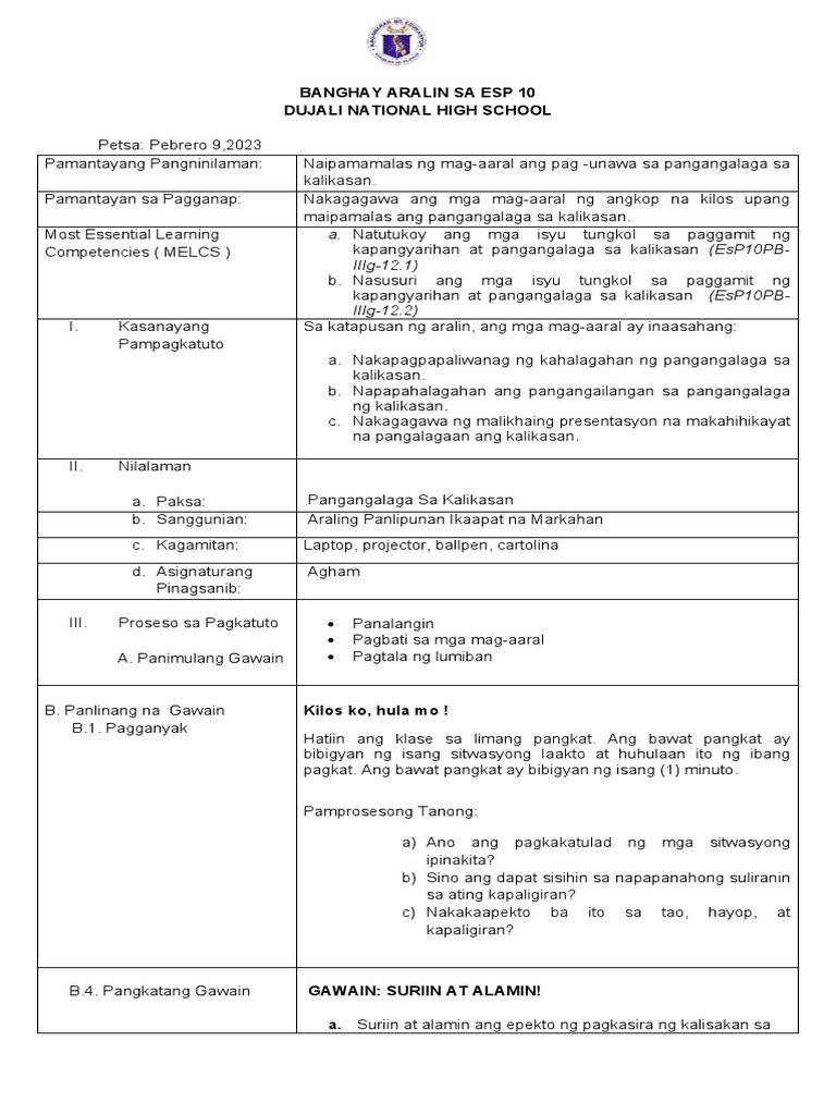 Esp 10 Lesson Plan 2023 | PDF