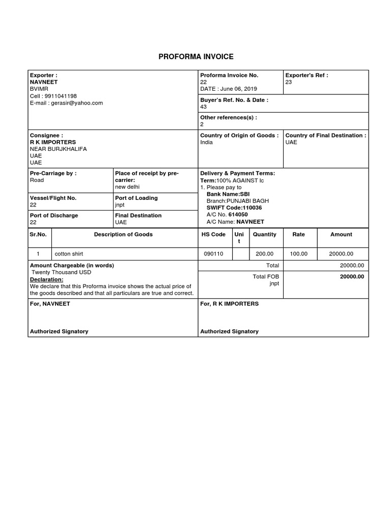 Proposed Cotton Shirt Export from India to UAE | PDF | Invoice | Trade
