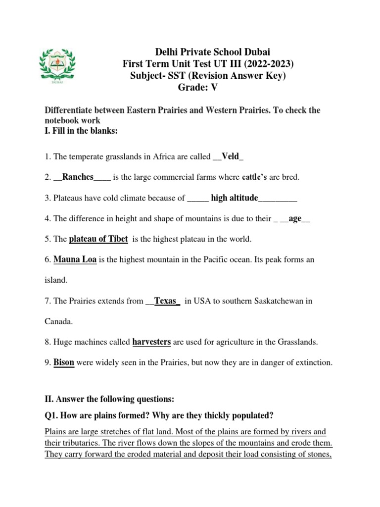 Answer Key Grade 5 Revision Sheet | PDF | River | Great Plains