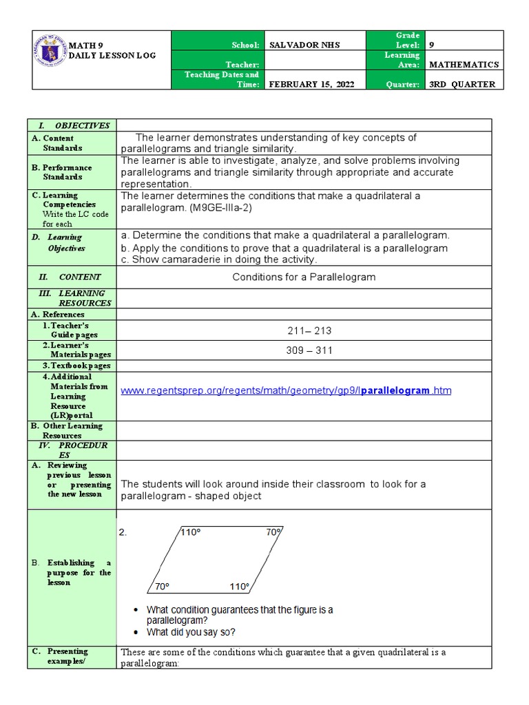 Parallelogram Conditions Lesson | PDF