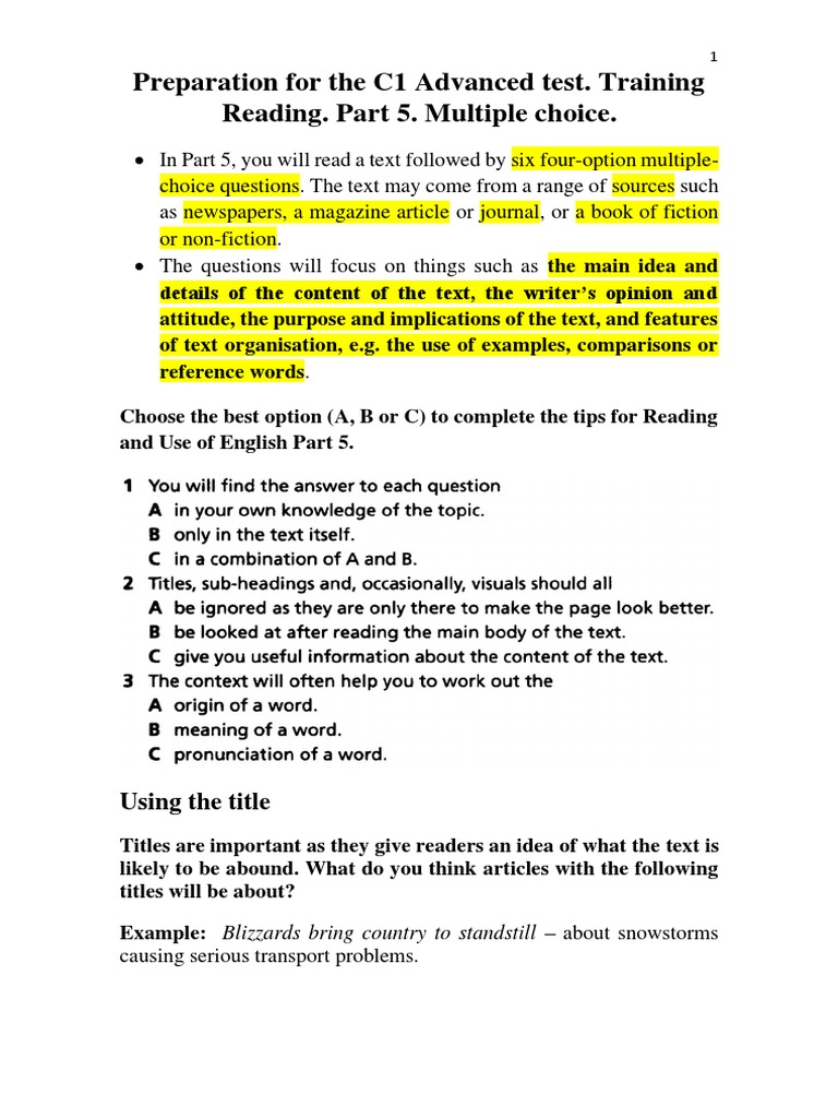 C1 Advanced Test. Training Reading. Part 5. Multiple Choice | PDF ...